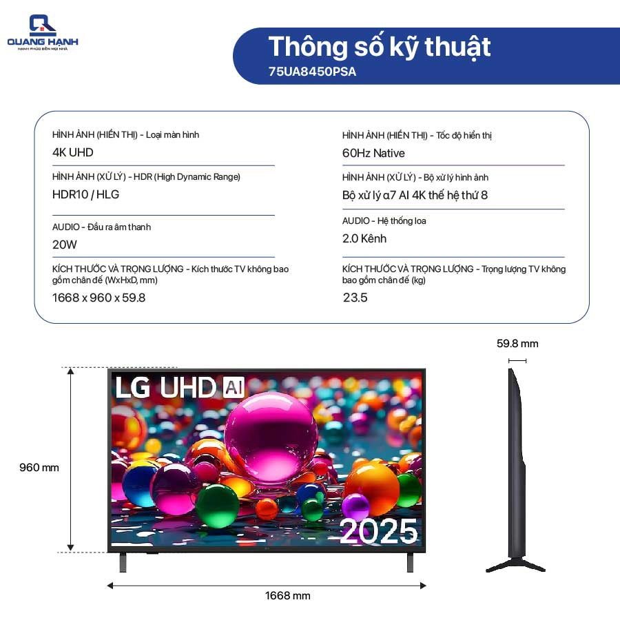 Smart Tivi LG AI 4K 75 inch 75UA8450PSA